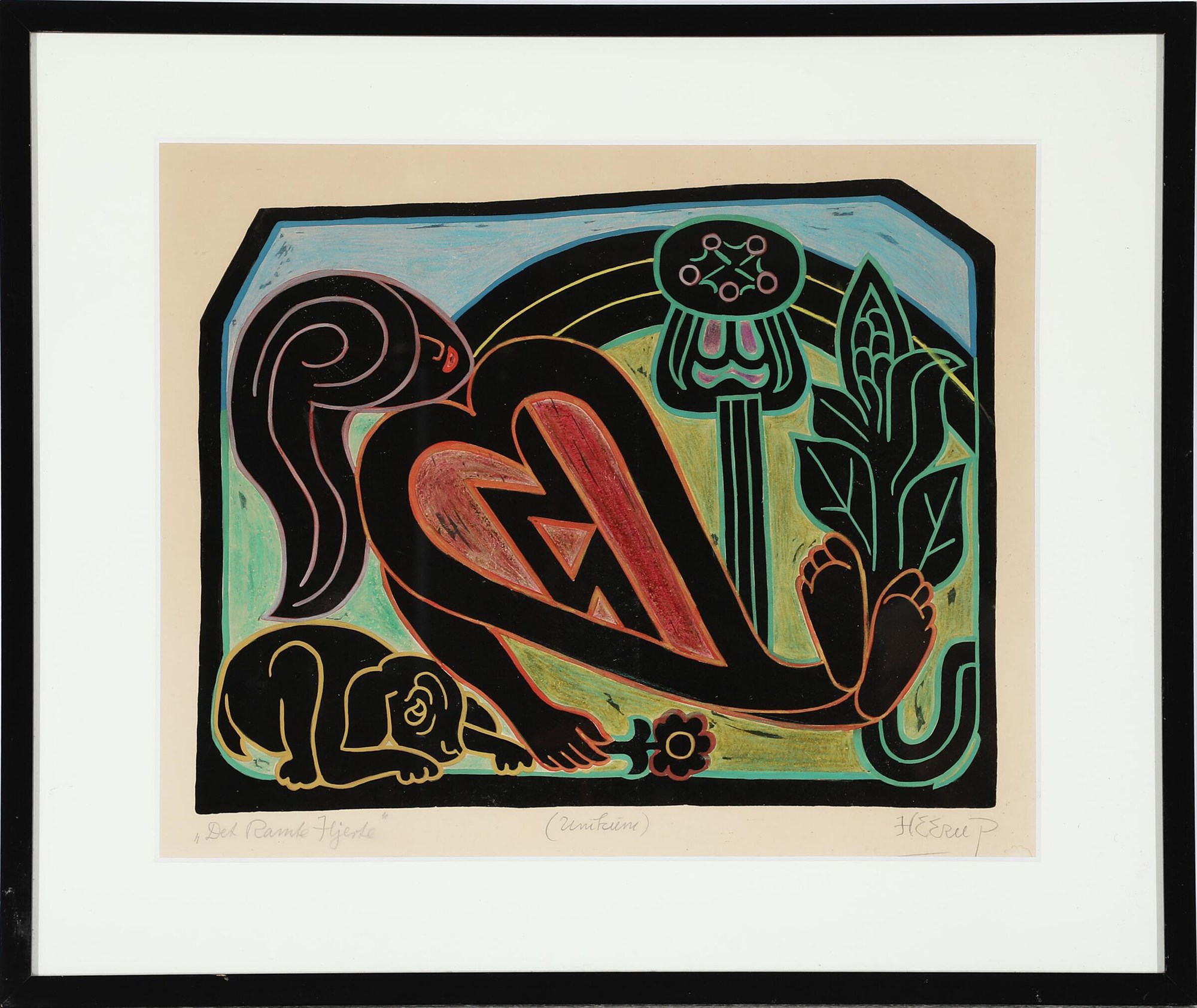 Heerup | Det Ramte Hjerte | Håndkoloreret linoleumssnit i farver